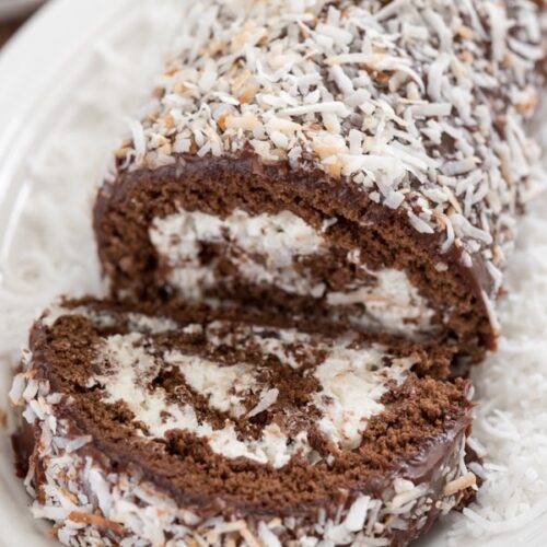 Chocolate Coconut Cake Roll with ganache - Crazy for Crust