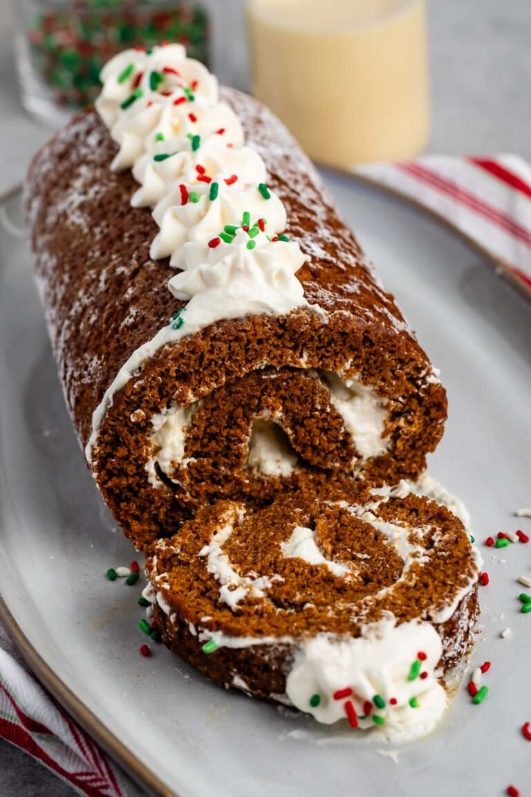 Gingerbread Cake Roll with Eggnog Whipped Cream - Crazy for Crust